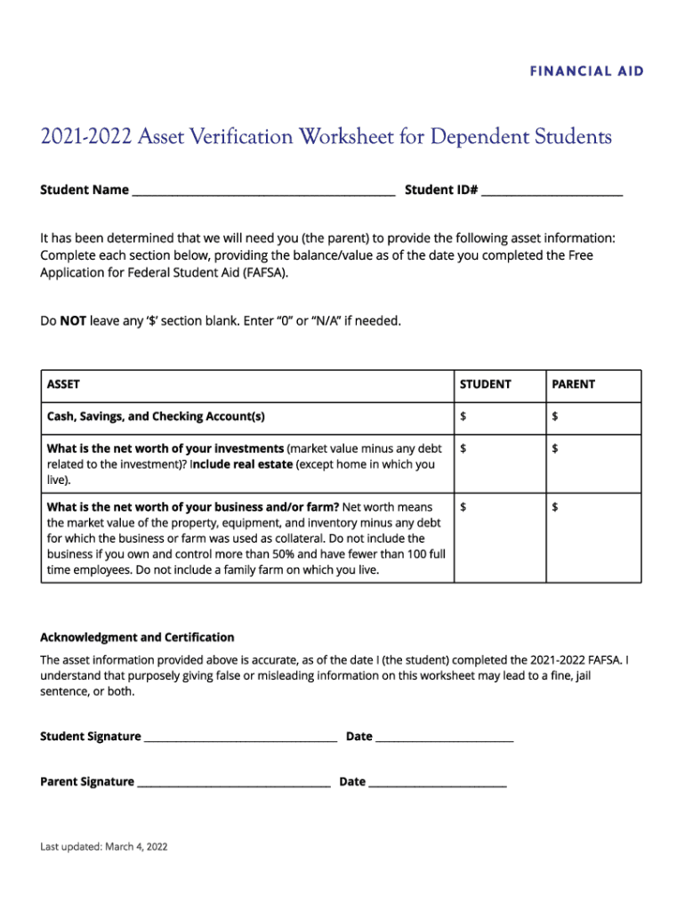 Fillable Online 2021-2022 Asset Verification Worksheet for Dependent ...