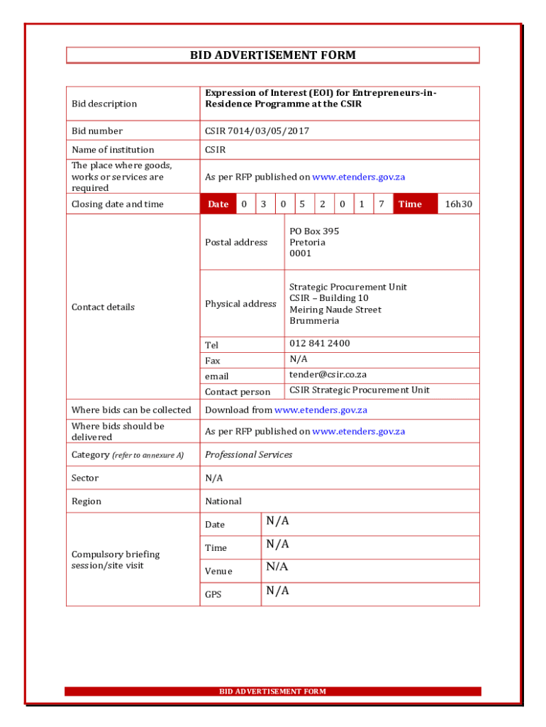 Fillable Online BID ADVERTISEMENT FORM N/A N/A N/A N/A Fax Email Print ...