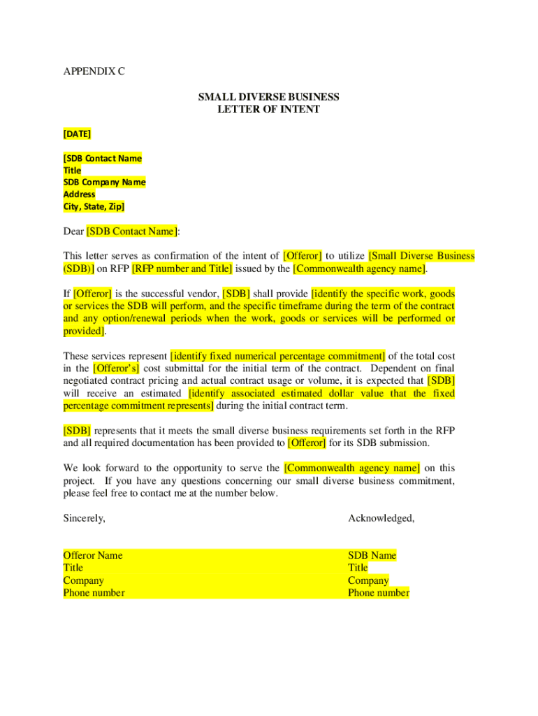 Fillable Online APPENDIX C SMALL DIVERSE BUSINESS LETTER OF ... Fax Email Print - pdfFiller