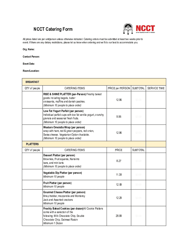 Fillable Online ncct on NCCT Catering Form Fax Email Print - pdfFiller