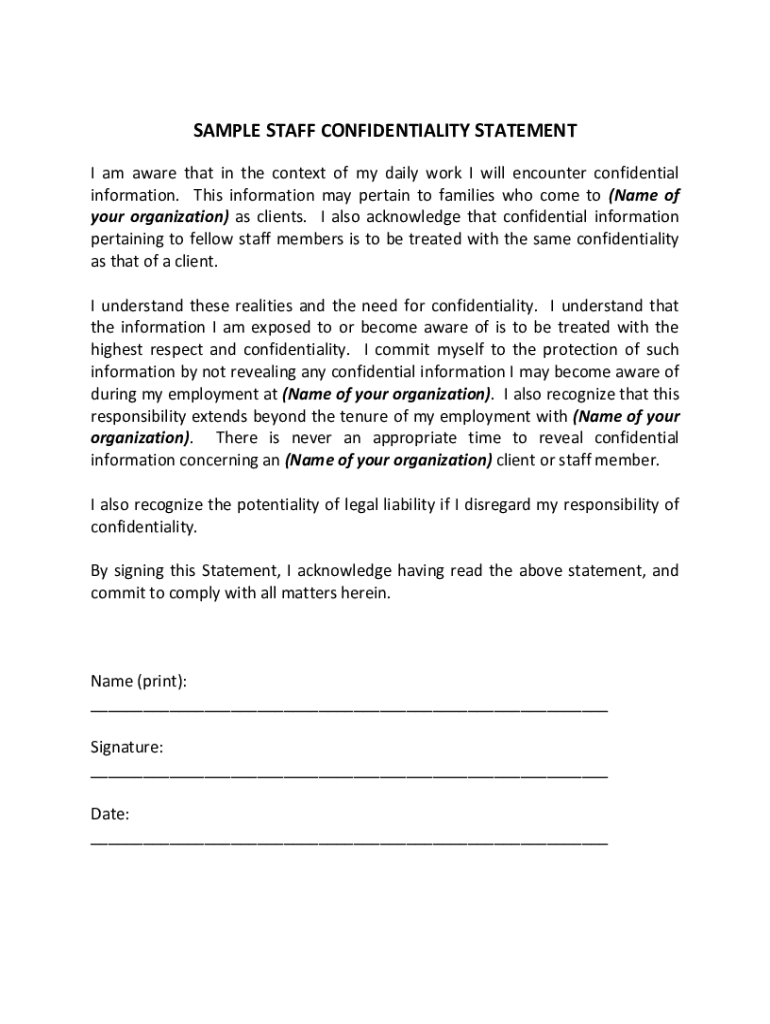 Fillable Online SAMPLE STAFF CONFIDENTIALITY STATEMENT Fax Email Print ...