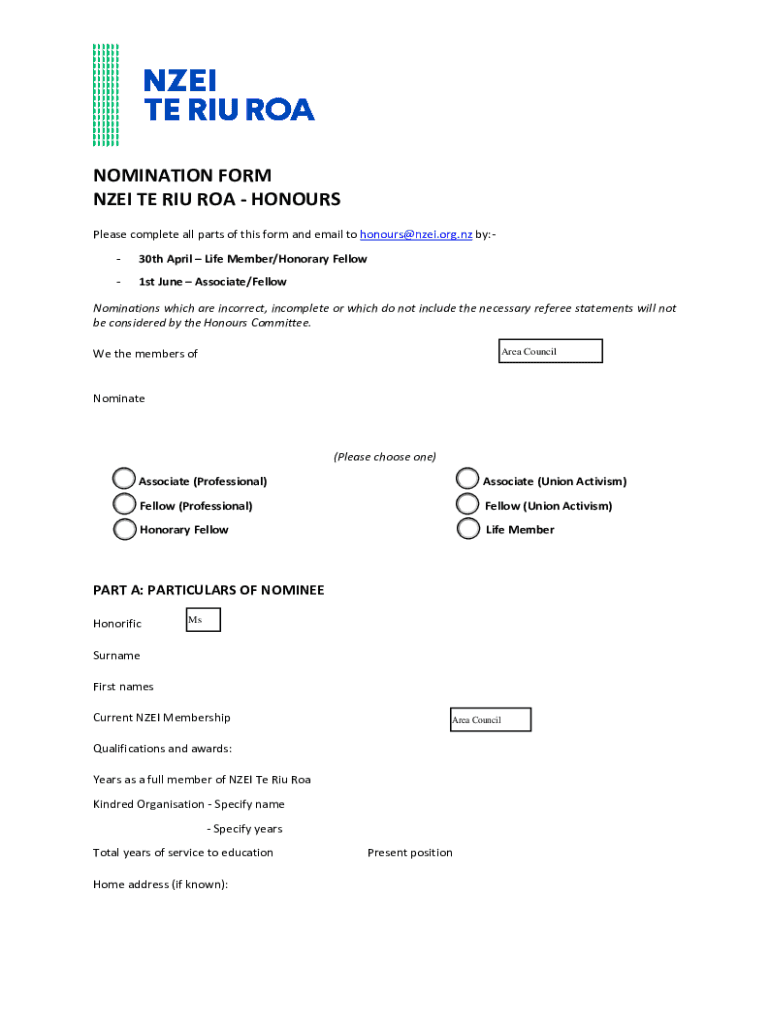 Fillable Online NOMINATION FORM NZEI TE RIU ROA - HONOURS Fax Email Print - pdfFiller