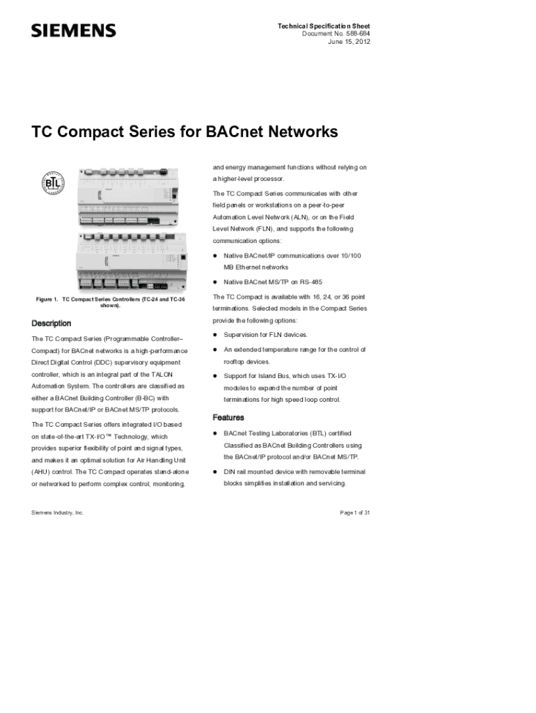 Fillable Online TC Compact Series for BACnet Networks Technical Specification Sheet - TCCompact ...