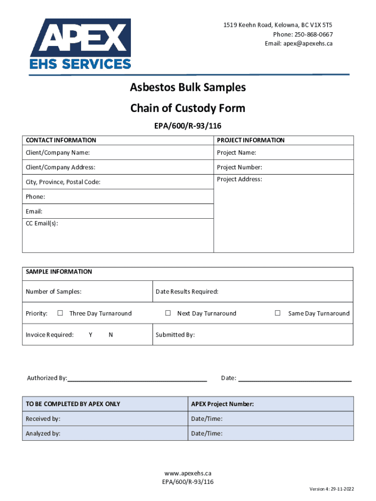 Fillable Online Asbestos Bulk Samples Chain of Custody Form - Kelowna ...