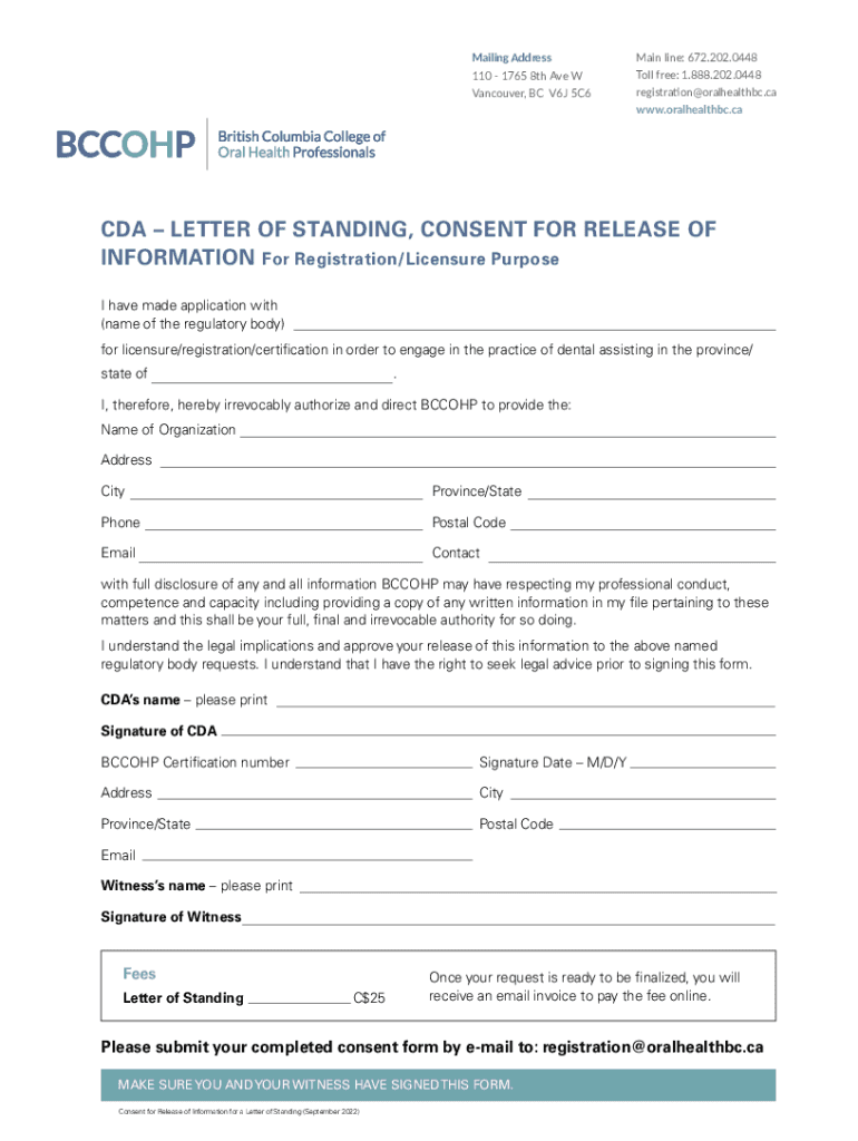 Fillable Online CDA LETTER OF STANDING, CONSENT FOR RELEASE ... Fax ...