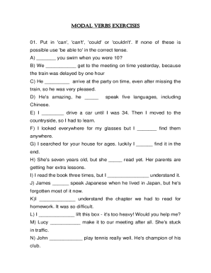 Fillable Online MODAL VERBS EXERCISES 01. Put in 'can', 'can't', 'could ...
