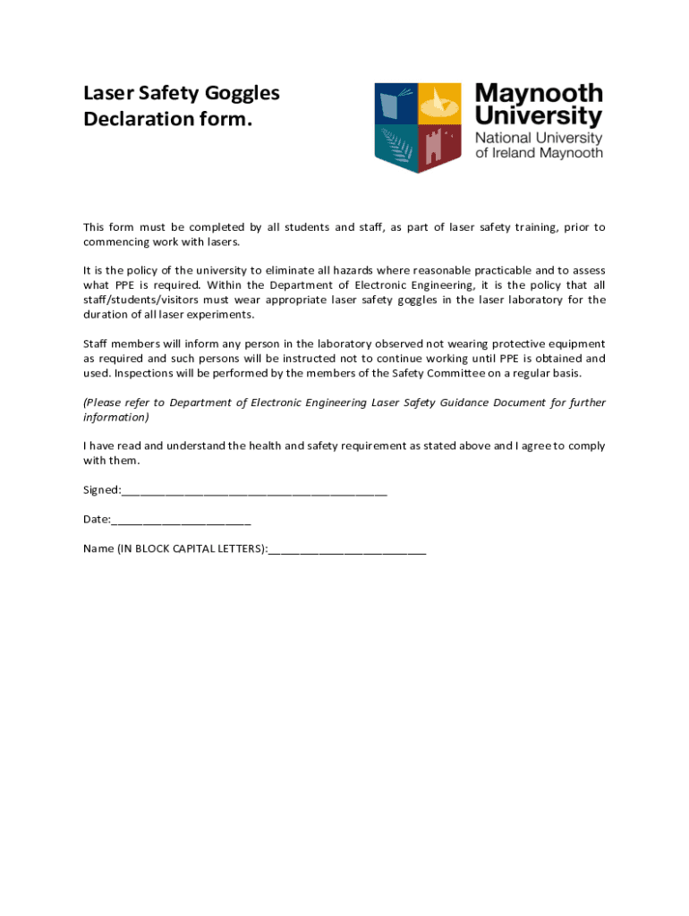 Fillable Online Laser Safety Goggles Declaration form. Fax Email Print ...