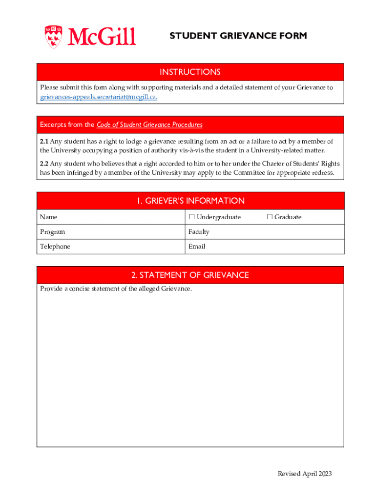 Fillable Online STUDENT GRIEVANCE APPEAL FORM Fax Email Print - pdfFiller