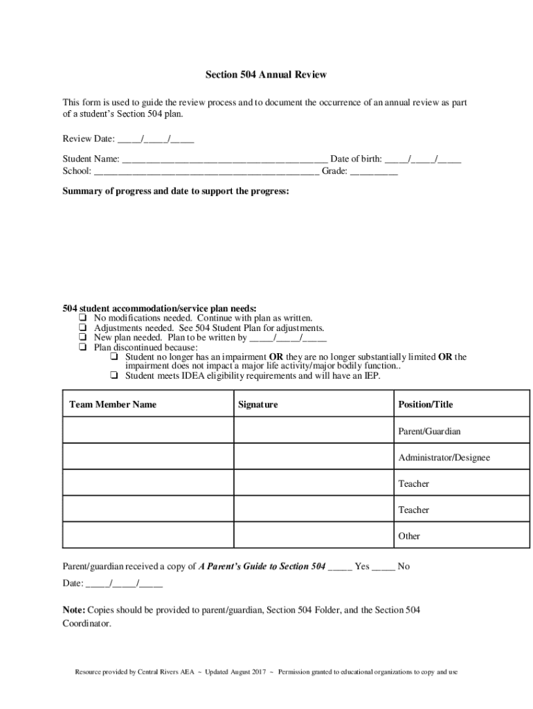 Fillable Online Section 504 Annual Review Fax Email Print - pdfFiller