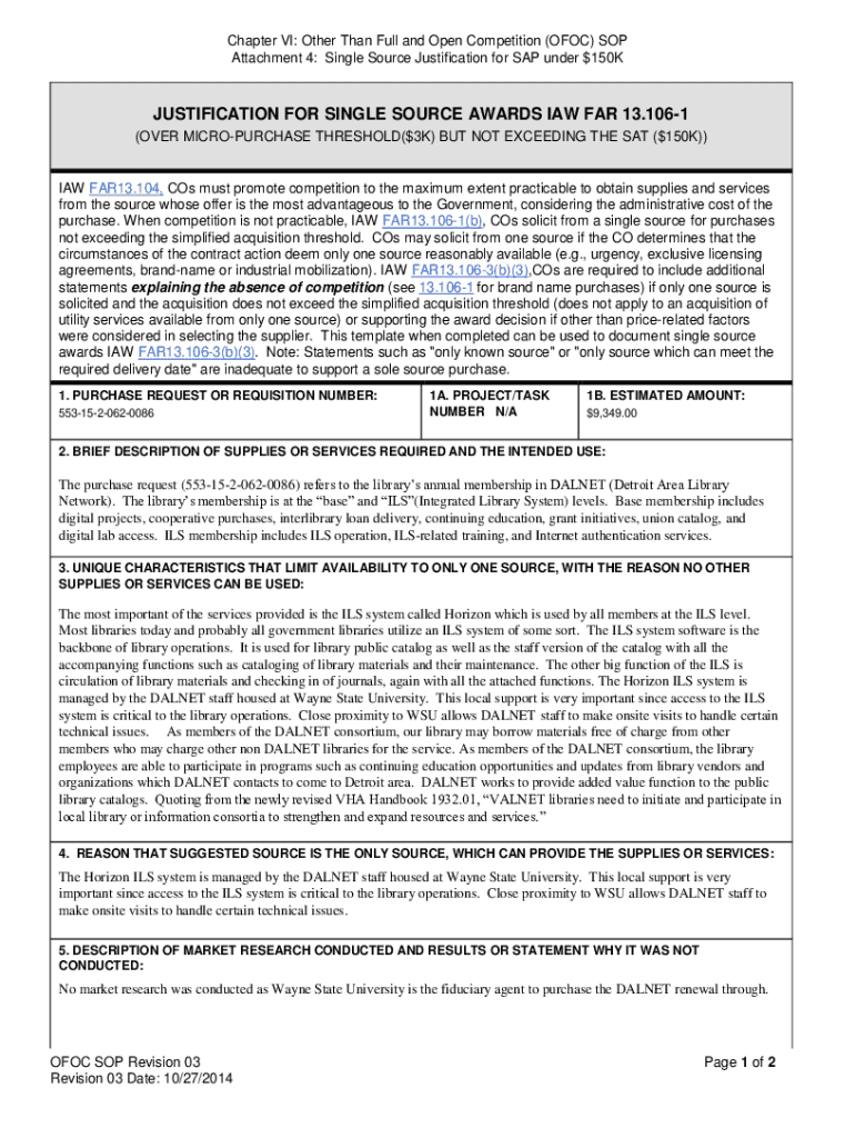 Fillable Online justification for single source awards iaw far 13.106-1 ...