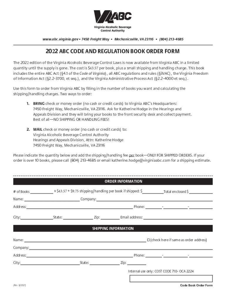 Fillable Online 2022 ABC CODE AND REGULATION BOOK ORDER FORM Fax Email ...