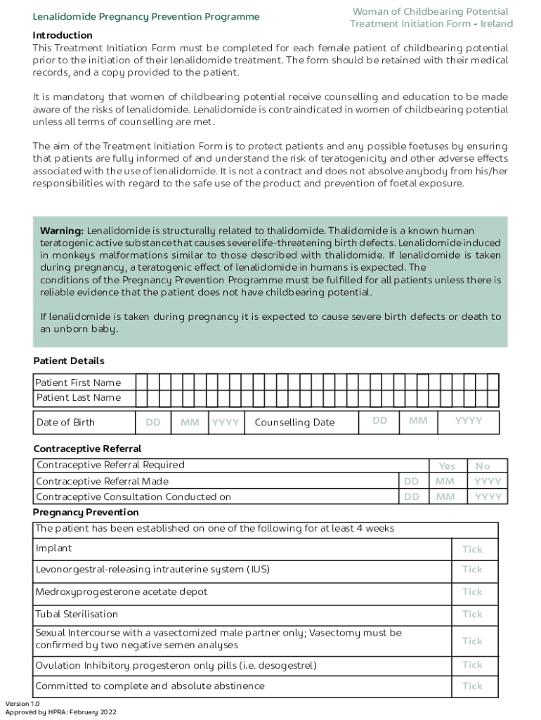 Fillable Online Woman of Childbearing Potential Treatment Initiation ...