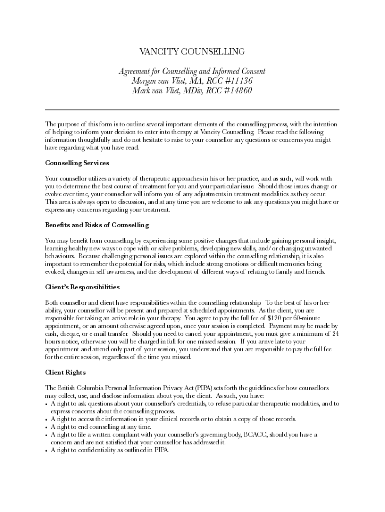 Fillable Online VANCITY COUNSELLING Agreement for Counselling and ...