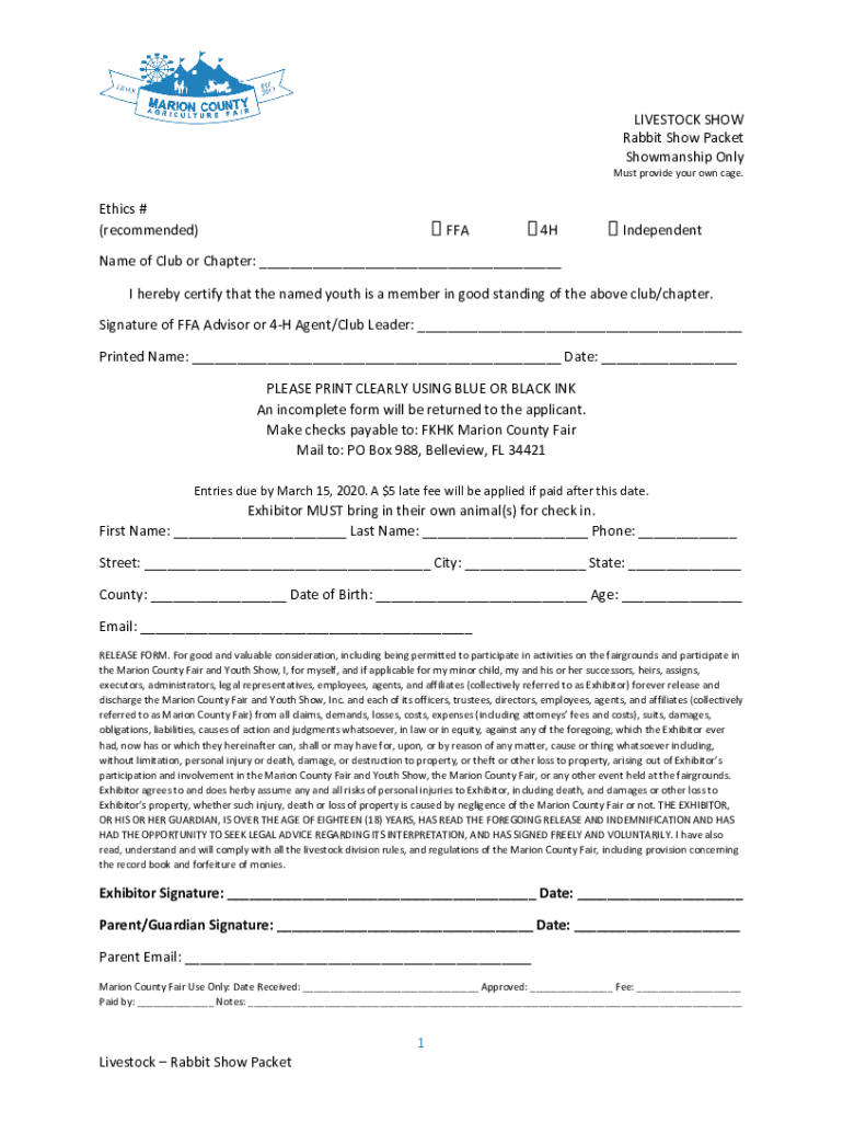 Fillable Online Rabbit Show Packet Showmanship Only - Marion County ...