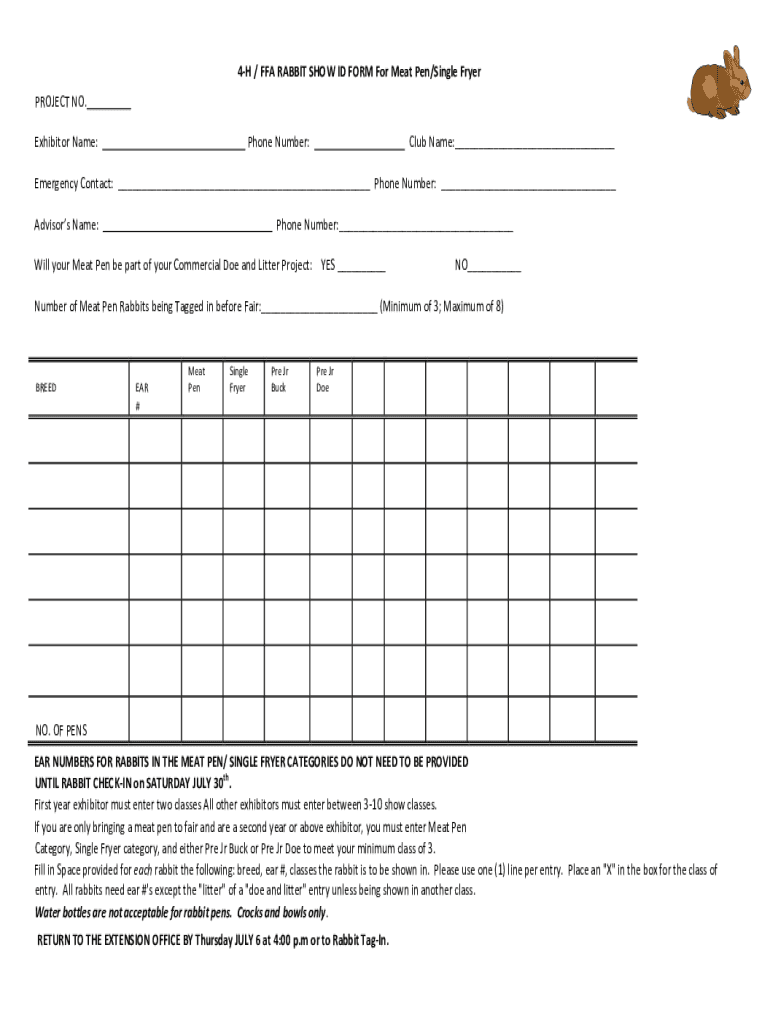 Fillable Online greene osu 4-H / FFA RABBIT SHOW ID FORM For Meat Pen ...