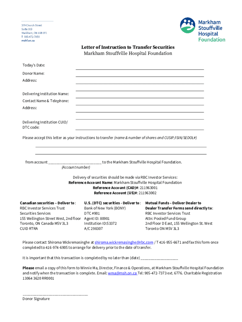 Fillable Online mshf on Letter of Instruction to Transfer Securities to Markham ... Fax Email ...