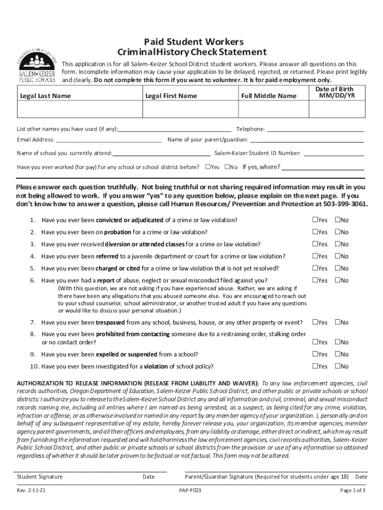 Fillable Online salkeiz k12 or Paid Student Workers Criminal History ...