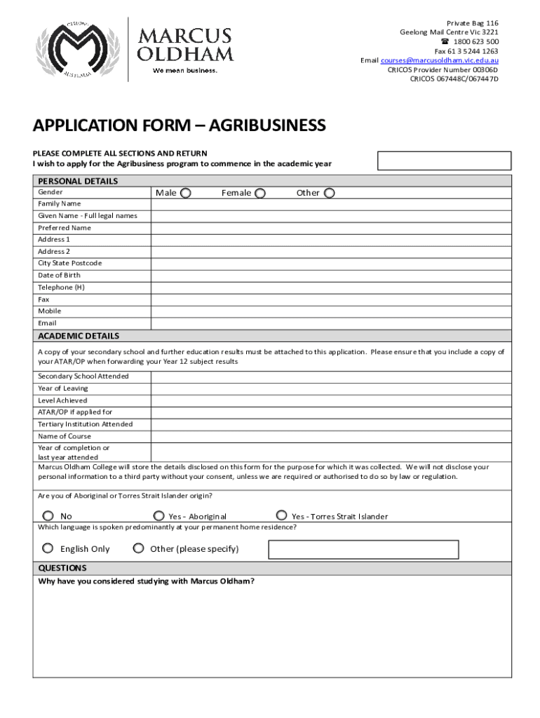 Fillable Online marcusoldham vic edu APPLICATION FORM AGRIBUSINESS Fax ...