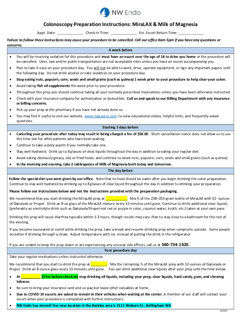 Fillable Online Colonoscopy Preparation Instructions: MiraLAX & Milk of ...