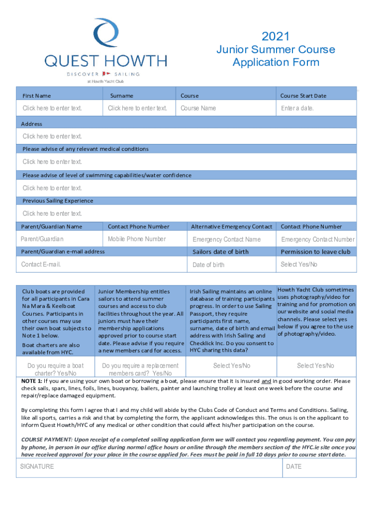 Fillable Online Junior Summer Course Application Form Fax Email Print ...