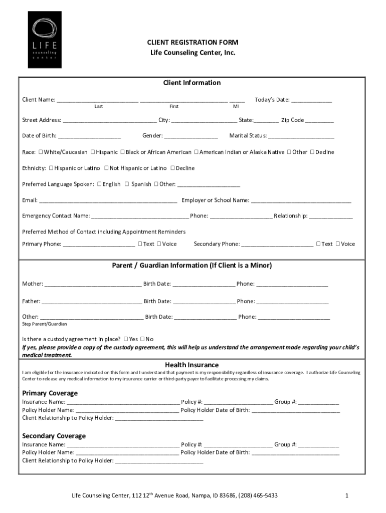 Fillable Online CLIENT REGISTRATION FORM Life Counseling Center ...