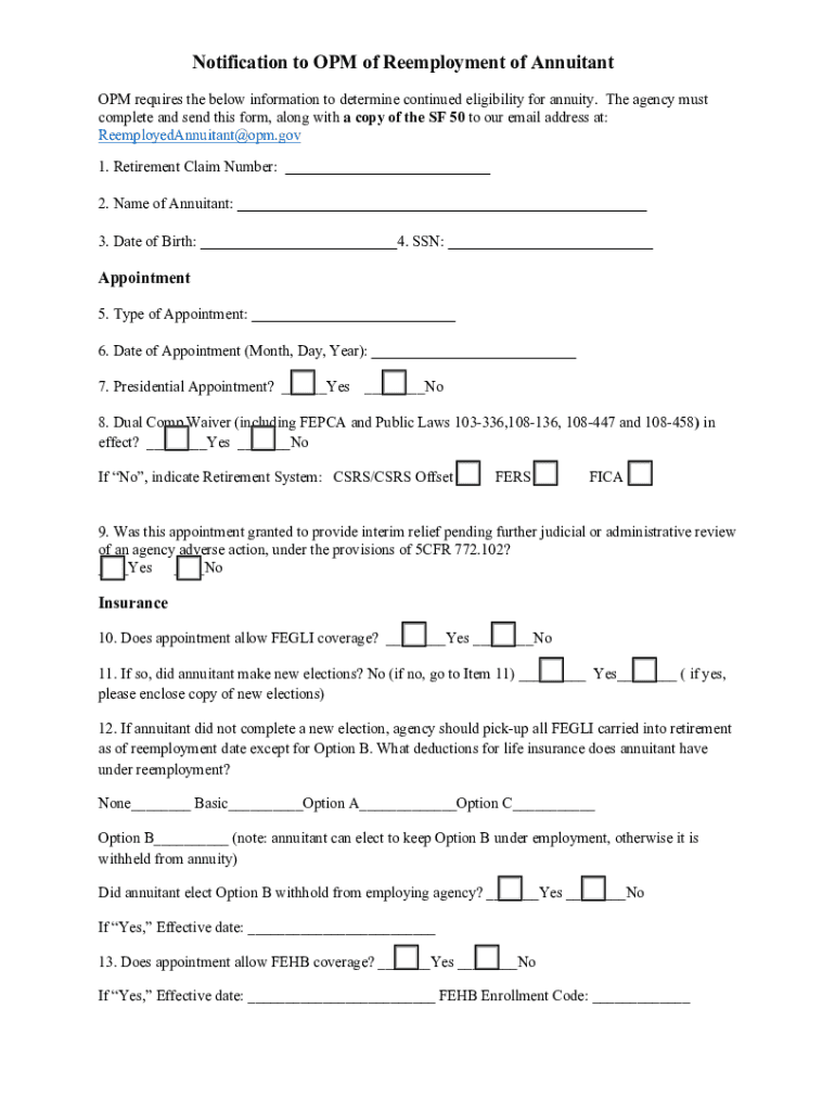Fillable Online Updated Notification to OPM of Reemployment of ...
