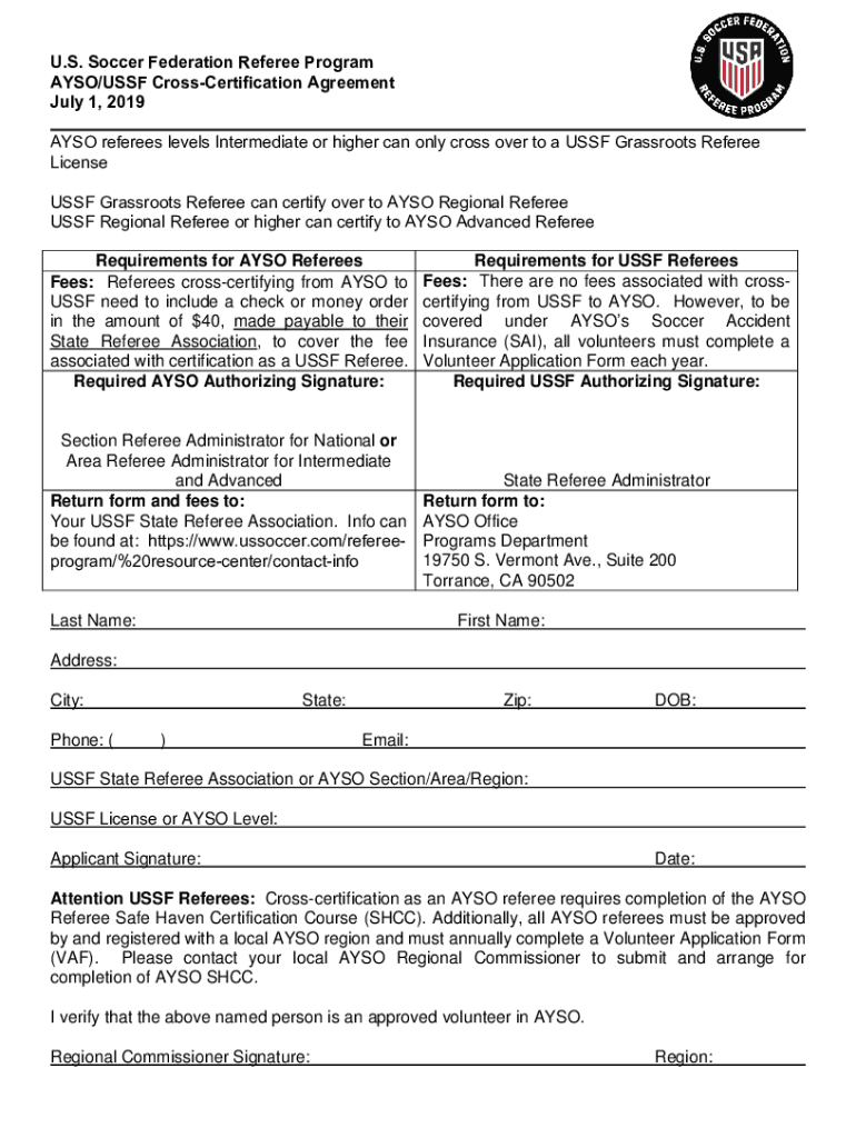 Fillable Online AYSO-USSF cross certification agreement Fax Email Print - pdfFiller