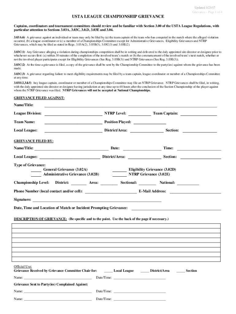Fillable Online USTA League - Grievance Form Fax Email Print - pdfFiller
