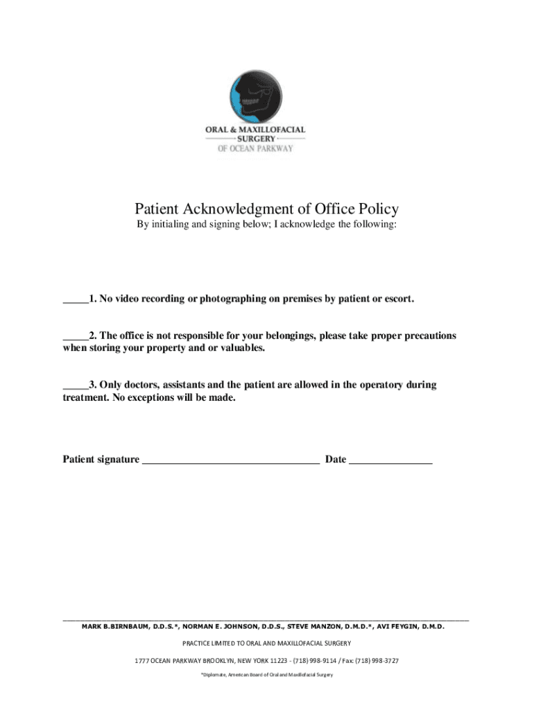 Fillable Online Patient Acknowledgment of Office Policy Fax Email Print ...