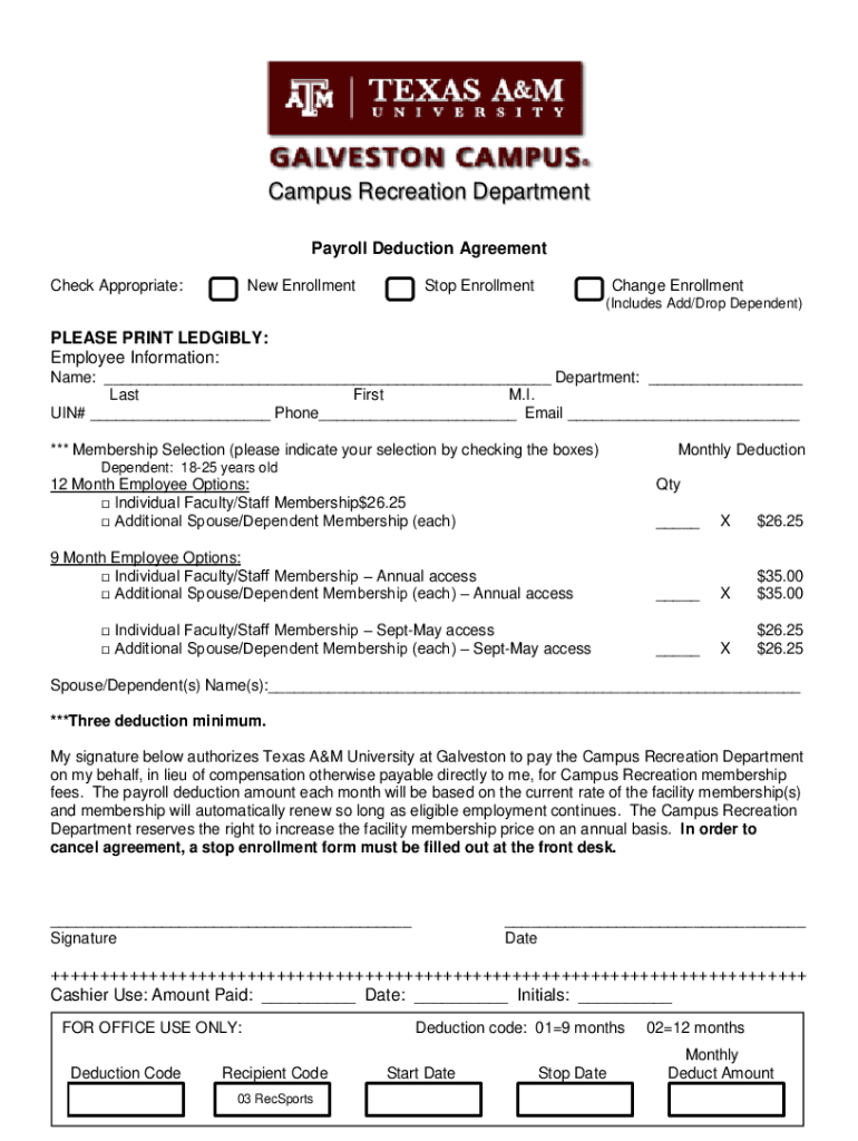 Fillable Online Employee Payroll Deduction Form - TCU Campus Recreation ...