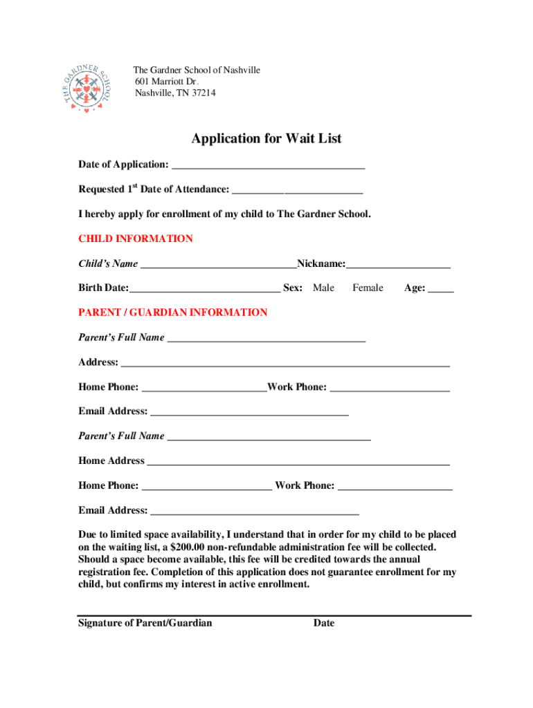 Fillable Online Application for Wait List Fax Email Print - pdfFiller