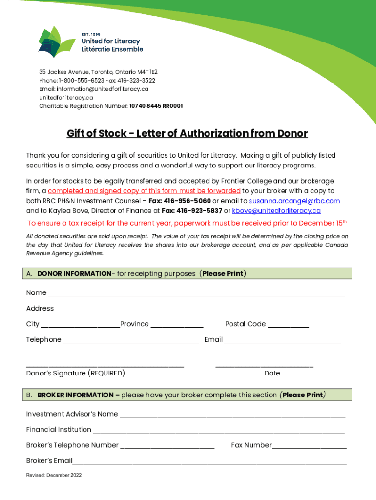 Fillable Online Gift of Stock - Letter of Authorization from Donor Fax ...