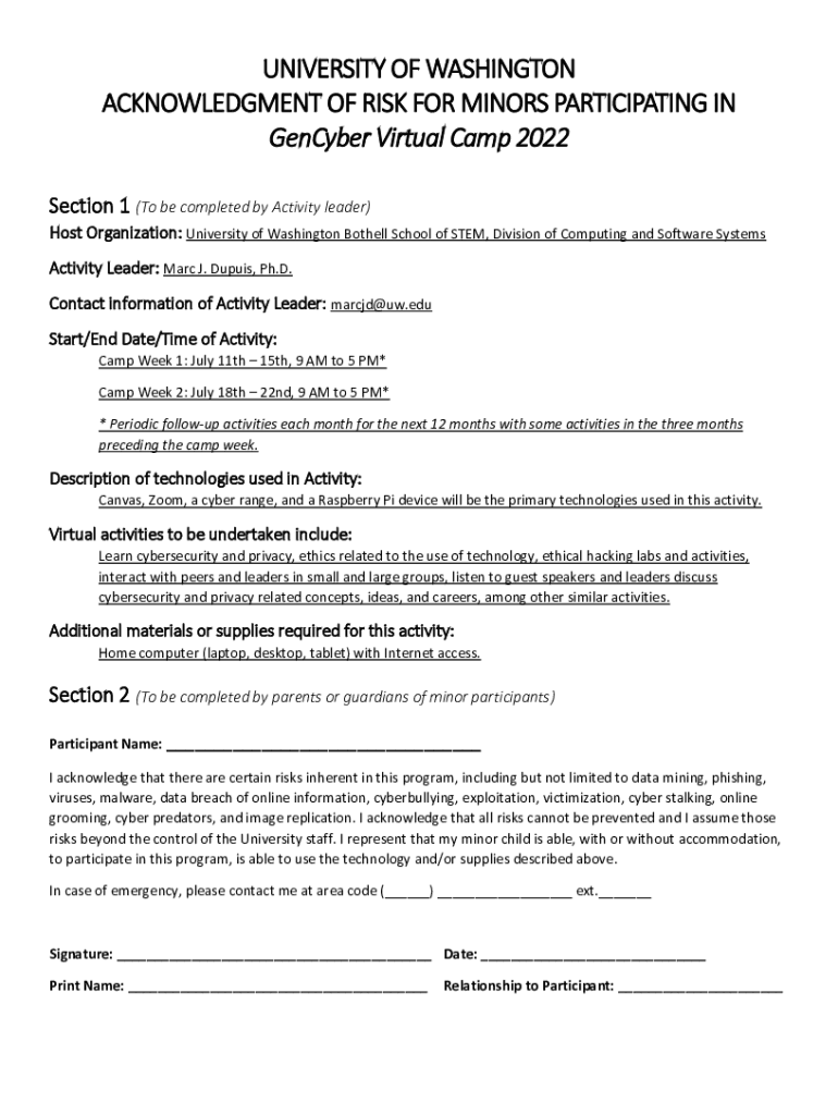 Fillable Online Acknowledgement of Risk formGenCyber Virtual Program ...