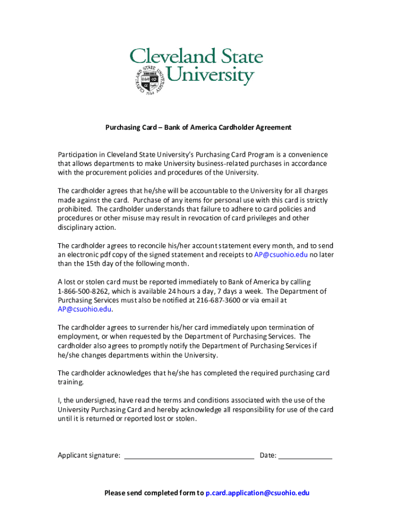 Fillable Online Purchasing CardBank of America Cardholder Agreement Fax ...