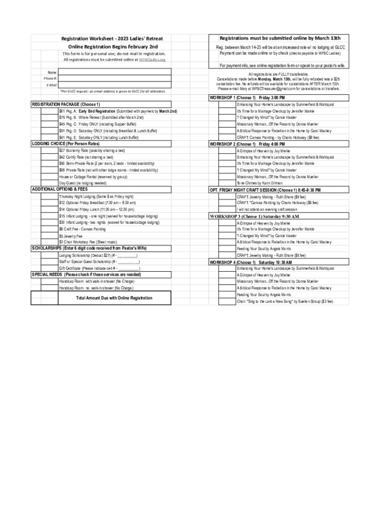Fillable Online Registration Worksheet - 2023 Ladies' Retreat Fax Email ...