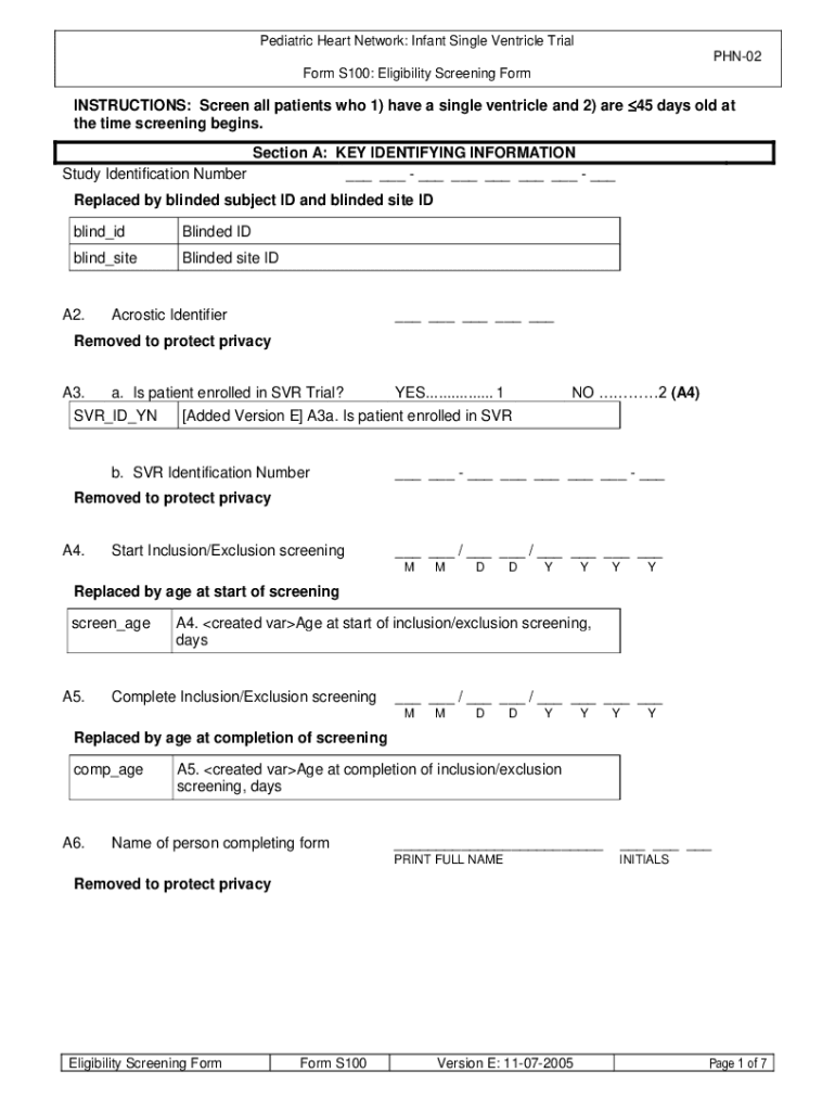 Fillable Online Infant Single Ventricle Trial PHN-02 Form S100 Fax ...