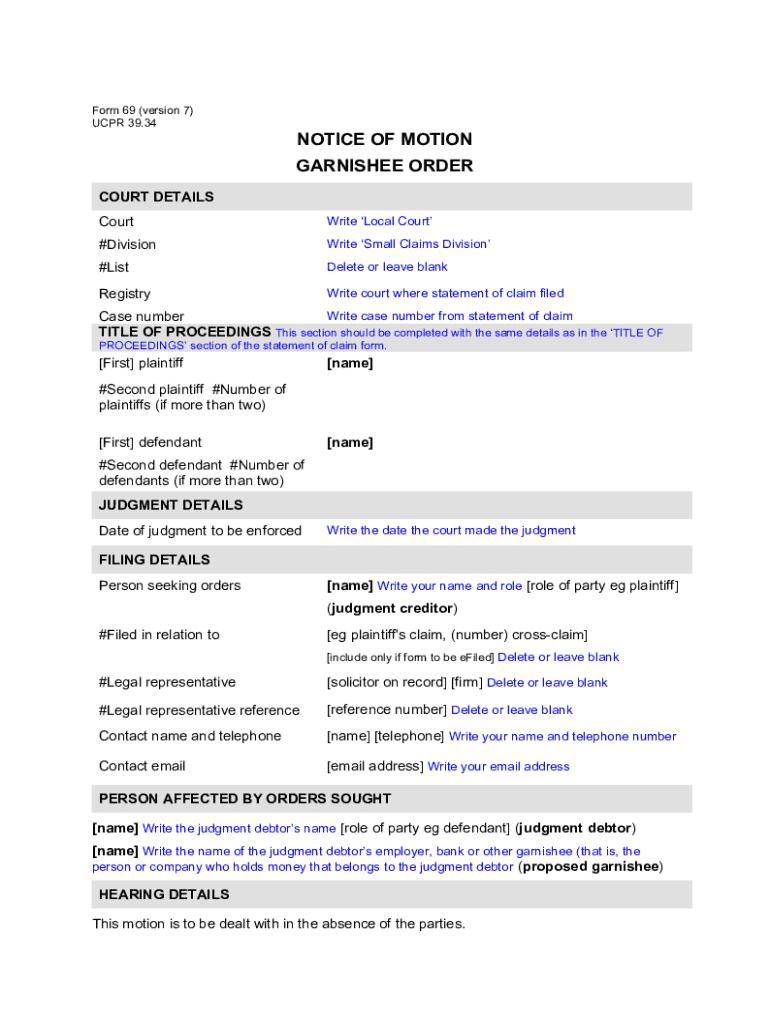 Fillable Online sample notice of motion - garnishee order 2 - wages or ...