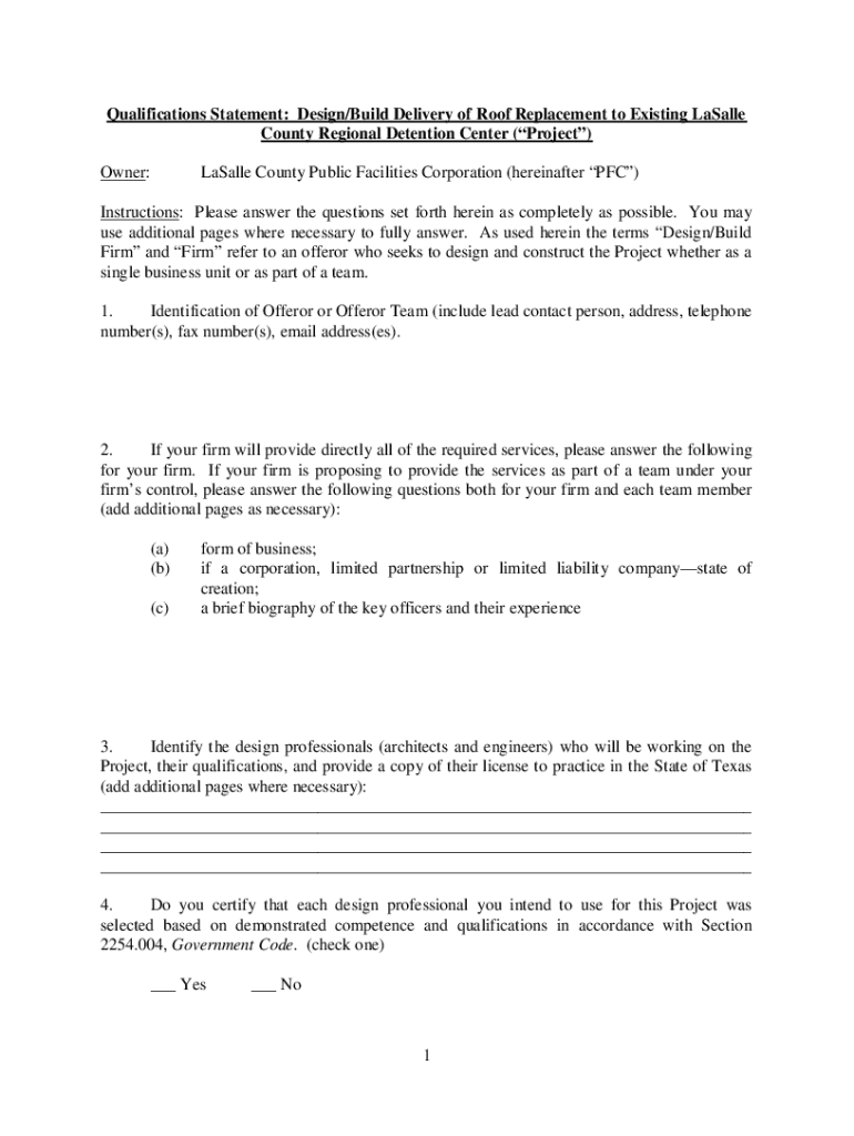 Fillable Online 1 Qualifications Statement: Design/Build Delivery of ...