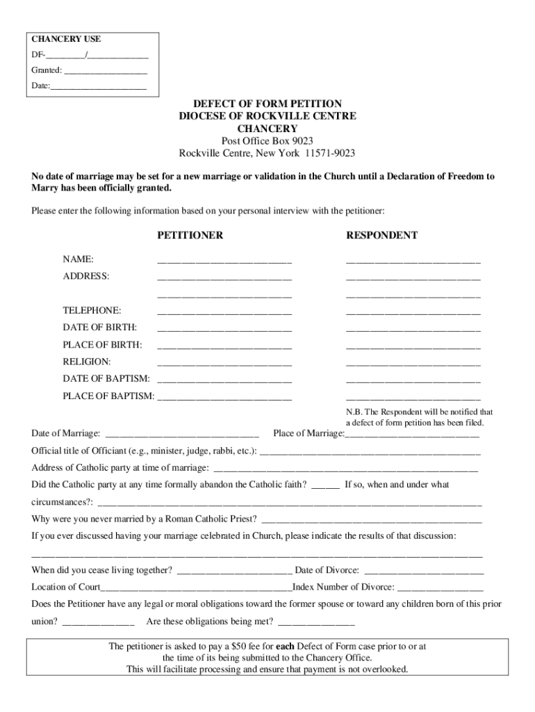 Fillable Online DEFECT OF FORM PETITION DIOCESE OF ROCKVILLE ... Fax ...