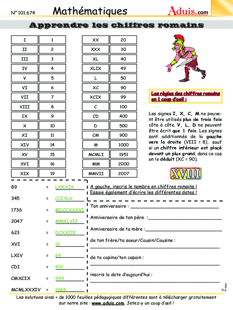 Remplissable En Ligne Apprendre les chiffres romains Fax Email Imprimer - pdfFiller