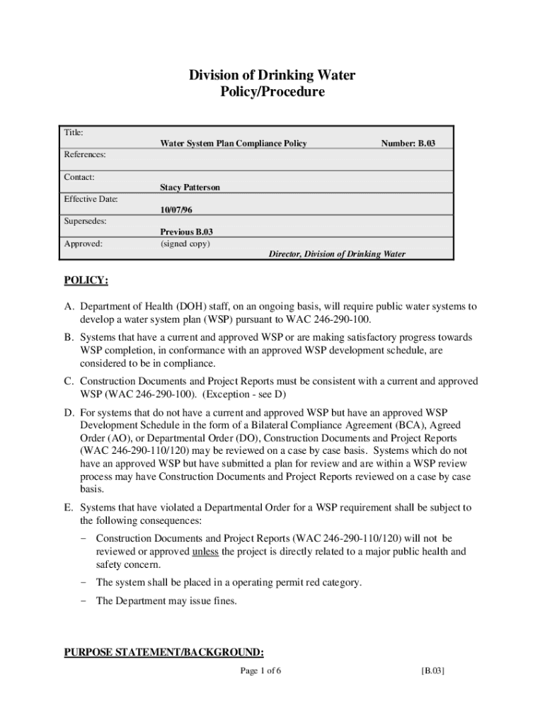 Fillable Online doh wa Water System Plan Compliance Policy. Water ...