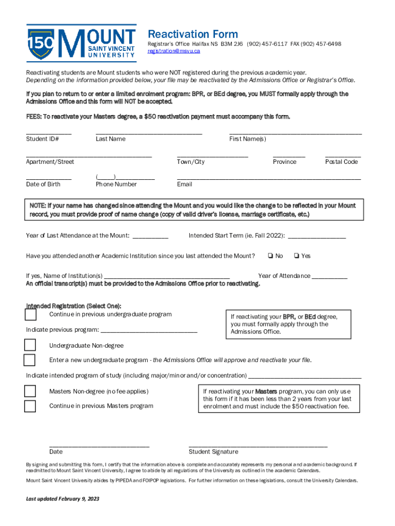 Fillable Online Reactivating students are Mount students who were NOT ...
