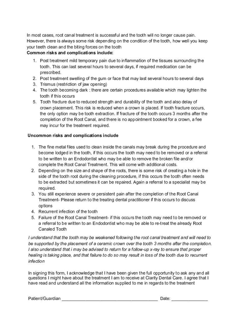 Fillable Online Root Canal Treatment Consent Form - Clarity Dental Fax ...
