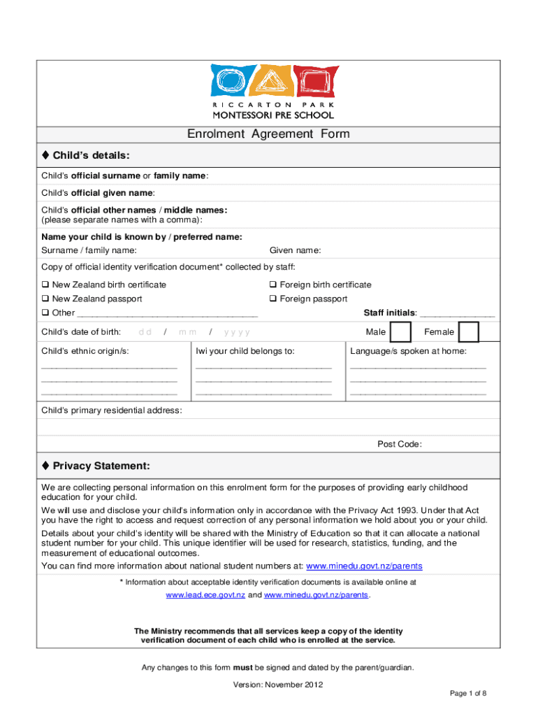 Fillable Online Ficino Preschool - Enrolment Agreement Form Fax Email Print - pdfFiller