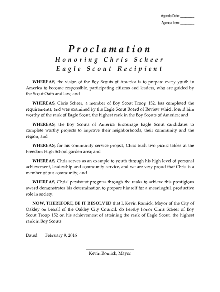 Fillable Online Proclamation - Honoring Andrew Oort Eagle Scout ...