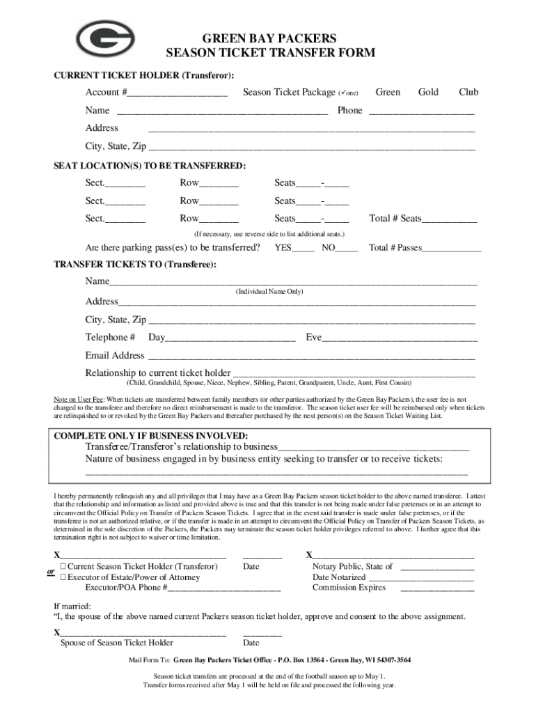 Fillable Online Get Green Bay Packers Season Ticket Transfer Form Fax ...