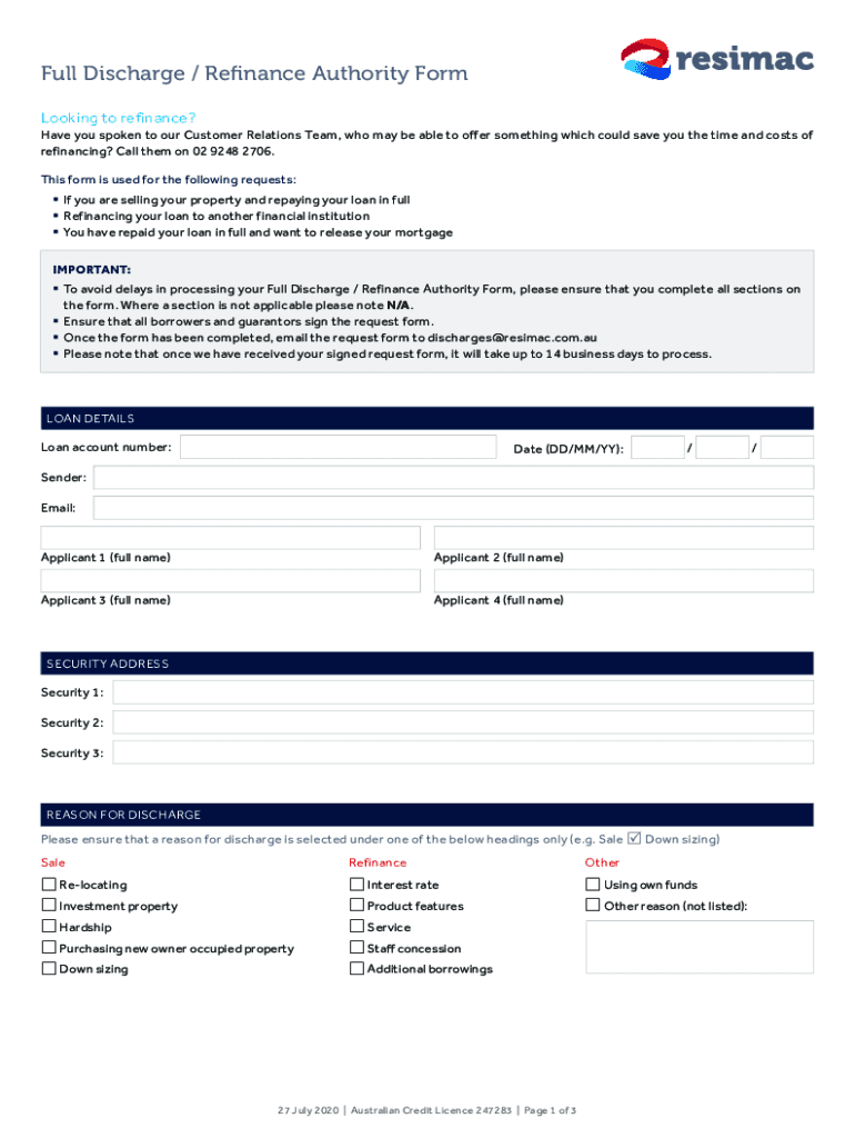 Fillable Online Full Discharge / Refinance Authority Form Fax Email Print - pdfFiller