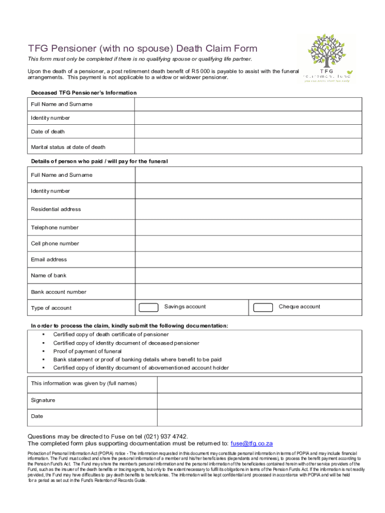 Fillable Online TFG Pensioner (with no spouse) Death Claim Form Fax ...