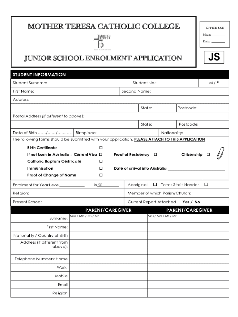 Fillable Online junior school enrolment application Fax Email Print ...