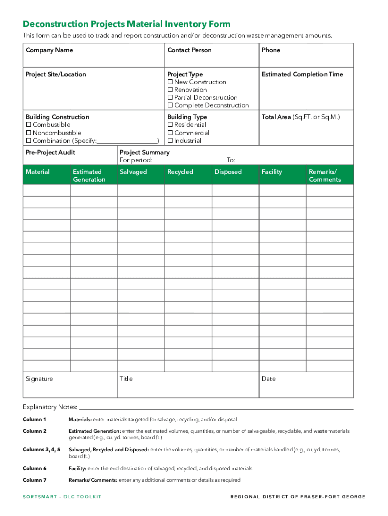 Fillable Online Deconstruction Projects Material Inventory Form Fax Email Print - pdfFiller
